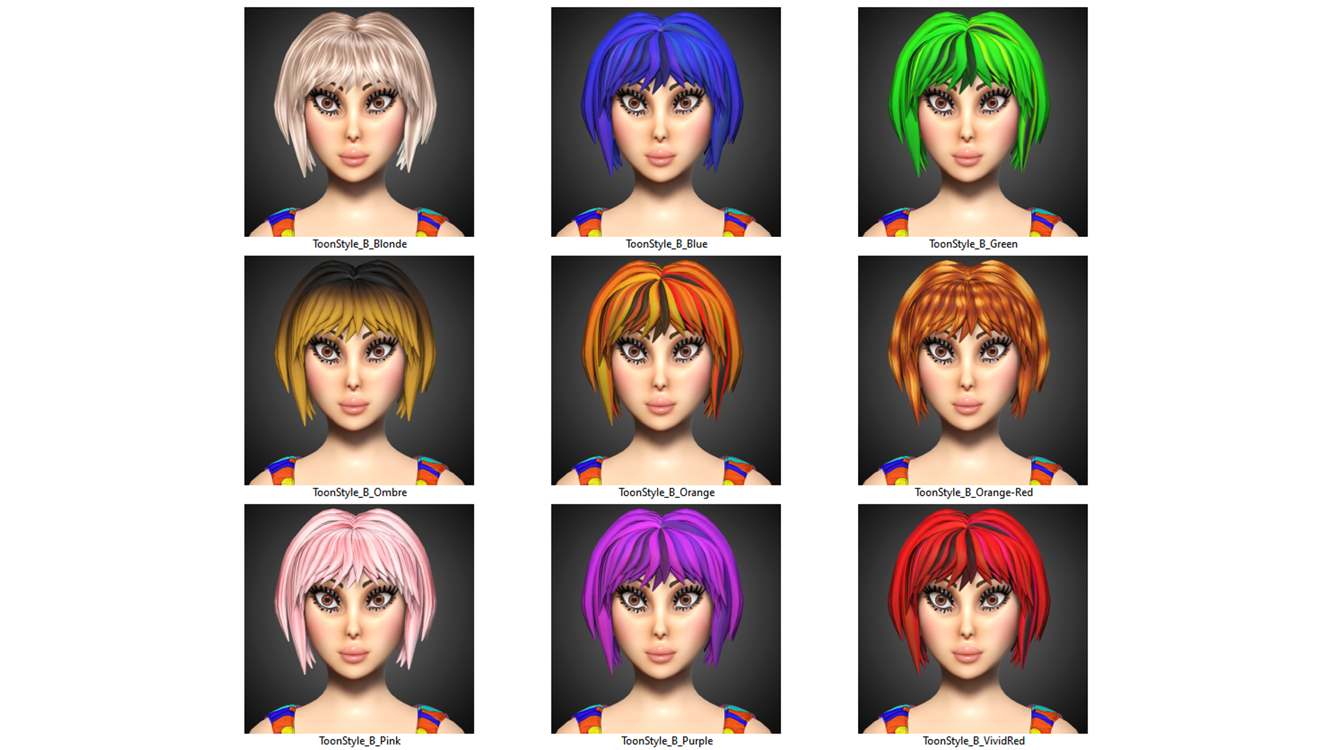 Female Toon Hair 7 Pack - Character Creator/Hair - Reallusion Content Store